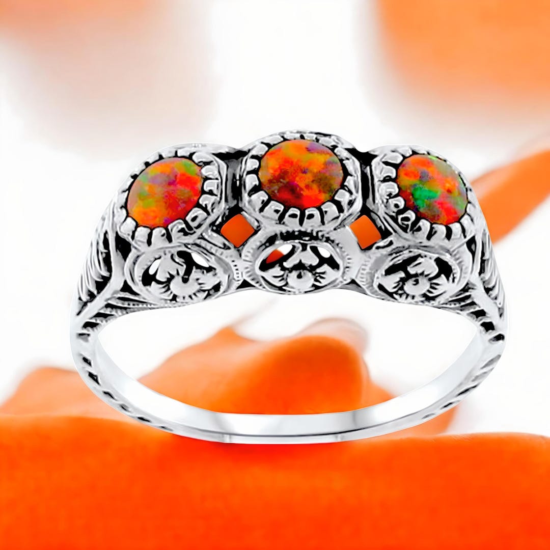 Vintage Estate Three Stone Red Fire Opal Filigree Ring,925 Solid ...