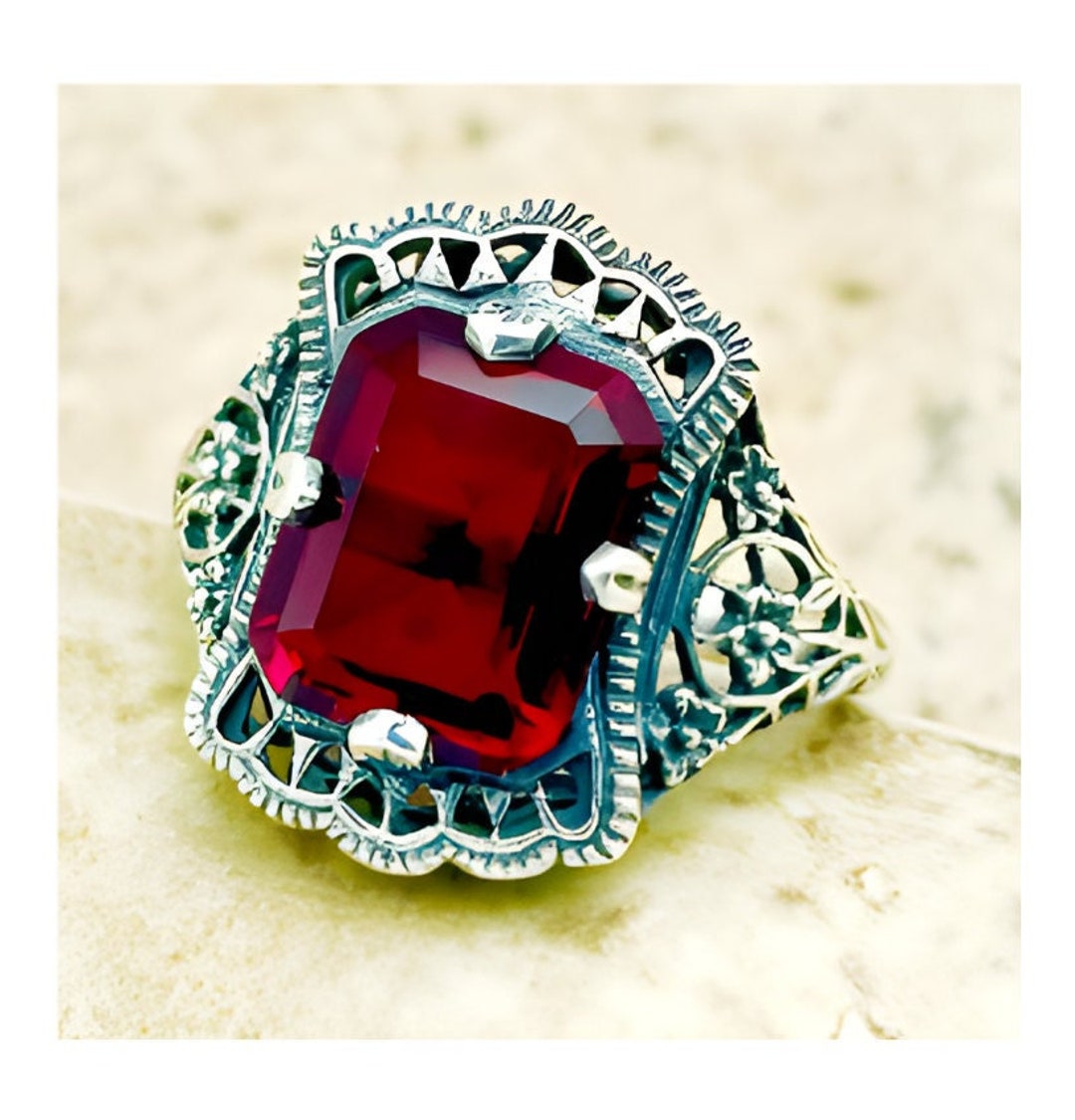 Vintage Emerald Cut Deep Red Sim. Ruby in 925 Solid Sterling Silver ...