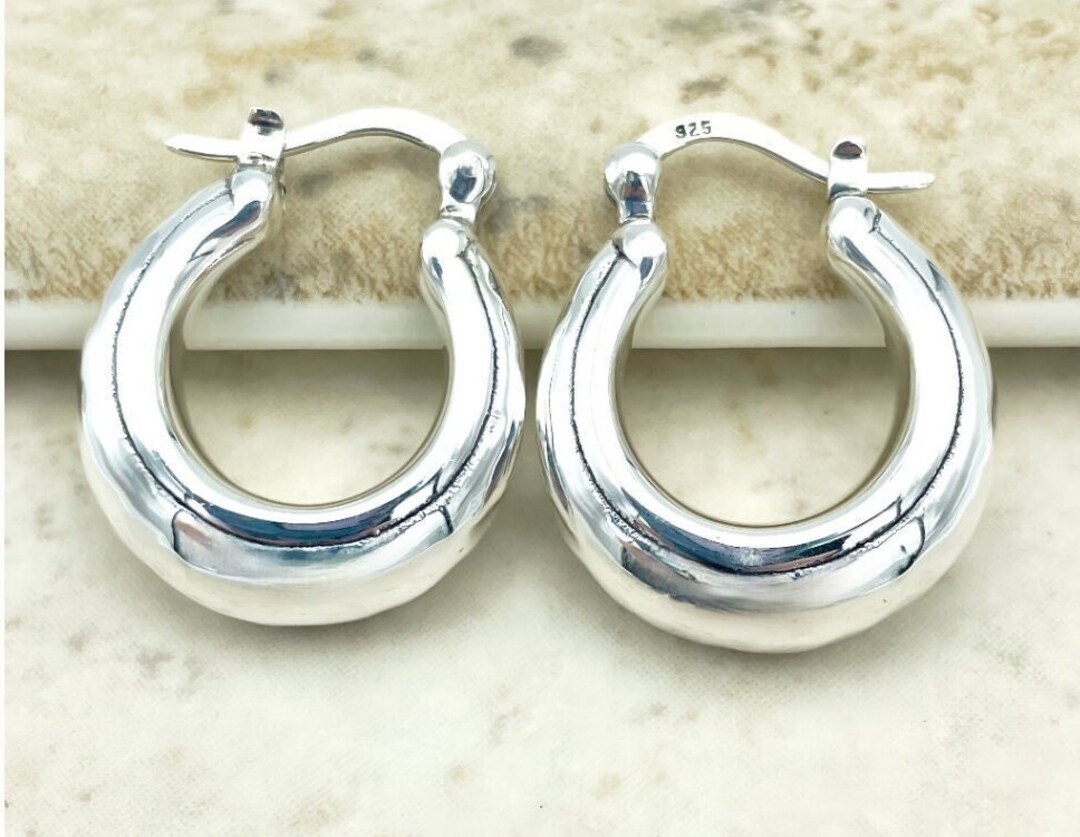 Hammered 925 Sterling Silver Latch Back Hoop Earrings, Lightweight and ...