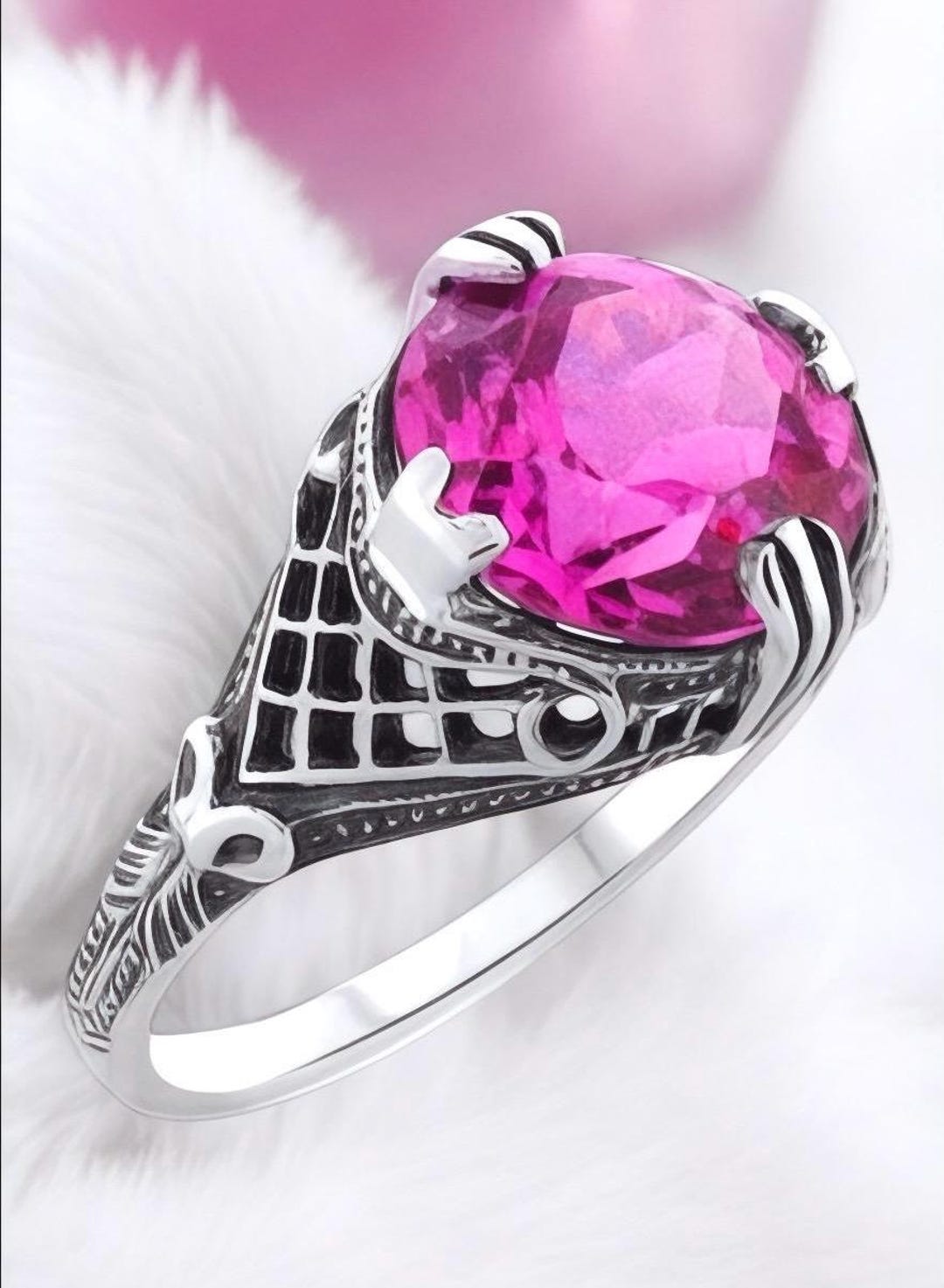 Vintage 5.00 Carat Pink Lab Sapphire Solitaire Filigree Ring in 925 Solid Sterling Silver, Cute ...