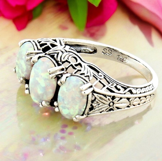 Vintage Estate Three Stone Opal Filigree Ring In 925 Solid Sterling Silver 214 Etsy