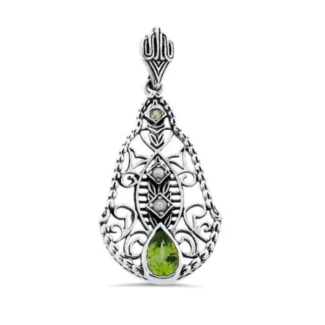 Vintage Estate Natural Peridot & Freshwater Pearl Filigree Pendant in 925 Solid Sterling Silver ...