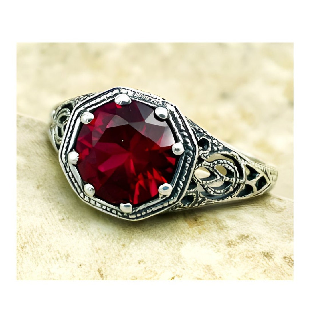 Vintage Deep Red Solitaire Lab Ruby in 925 Solid Sterling Silver Ring ...