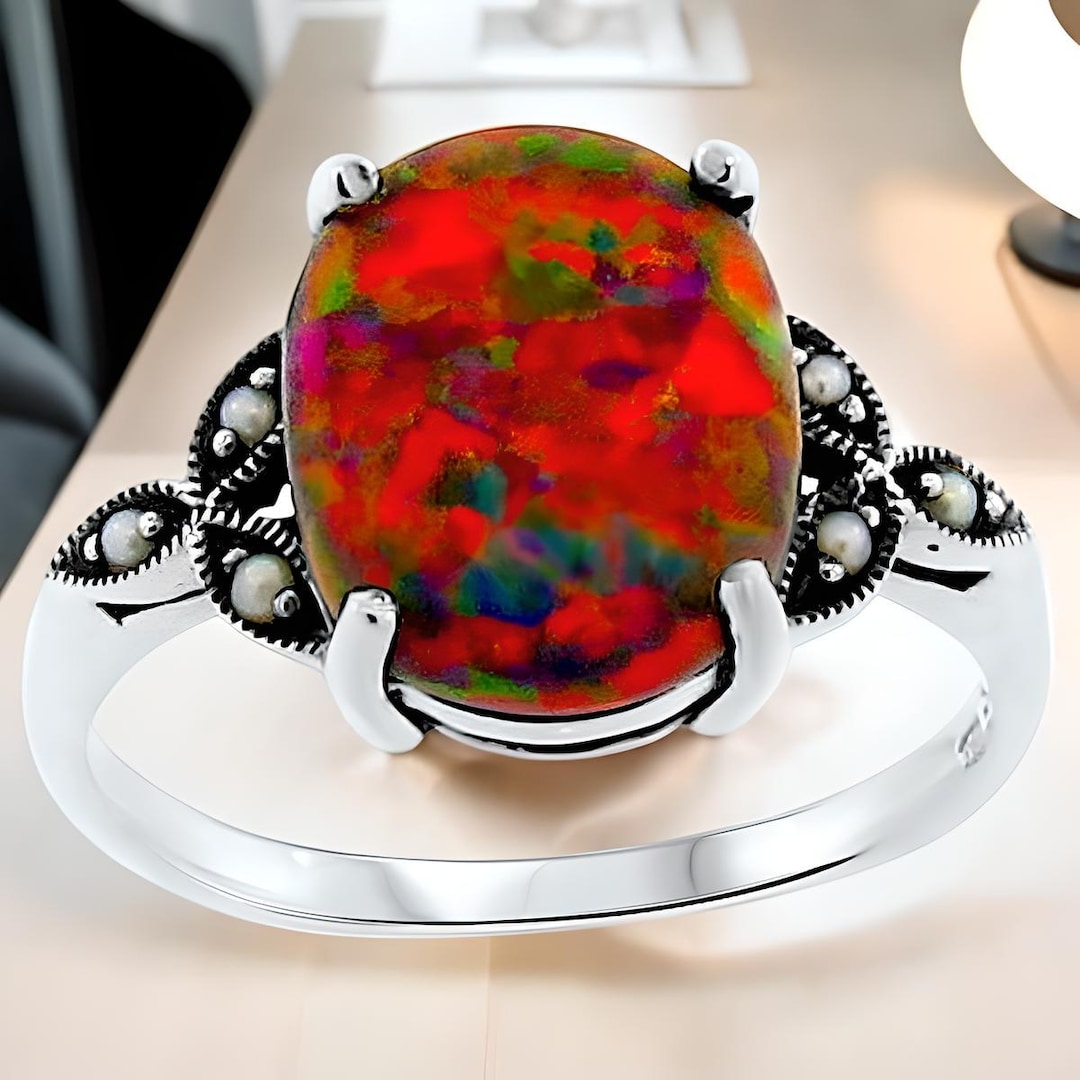 Vintage Red Fire Opal Ring With Freshwater Pearls, Radiant 925 Solid Sterling Silver Statement ...