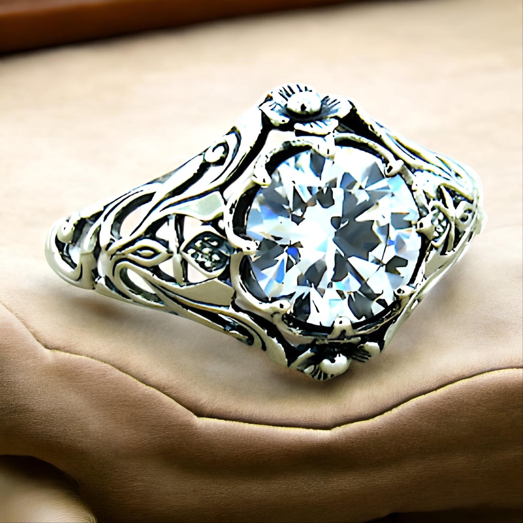Vintage Scottish Thistle Ring: 3.40ct Cubic Zirconia, Sterling Silver ...