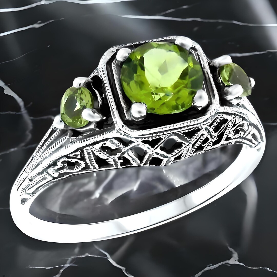 Ring Sizes 5 Through 12 Natural Peridot 3 Three Stone Filigree Ring in ...