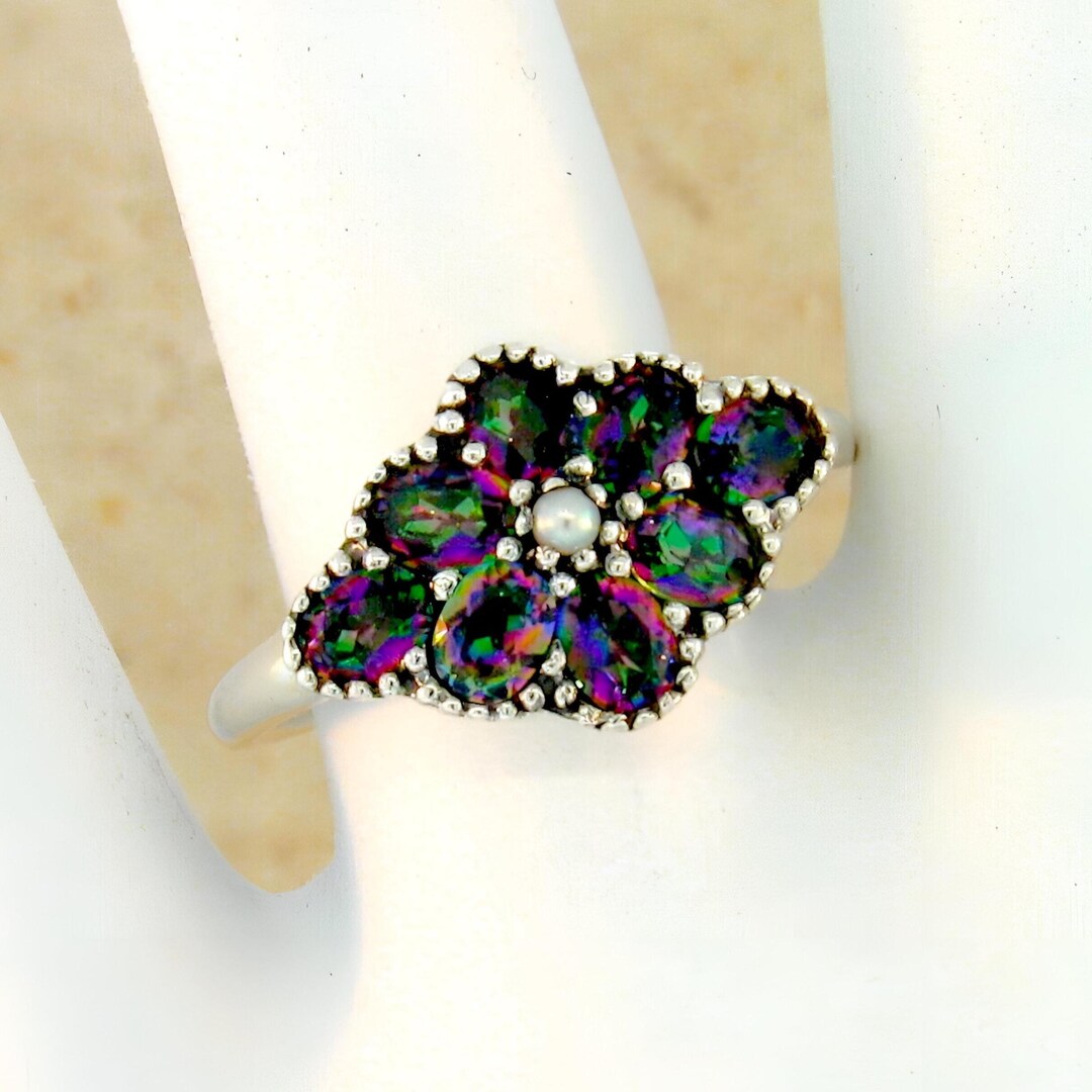 Vintage Mystic Quartz & Pearl Flower Ring in 925 Solid Sterling Silver ...