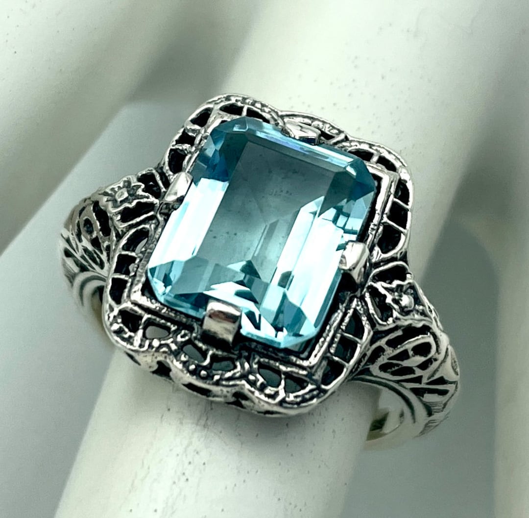 Vintage Sparkly Vivid Blue Emerald Cut Aquamarine in 925 Solid Sterling ...