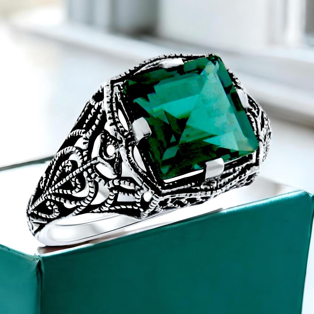 Vintage 3.50 Carat Sim. Emerald Ring: Filigree 925 Sterling Silver, May ...