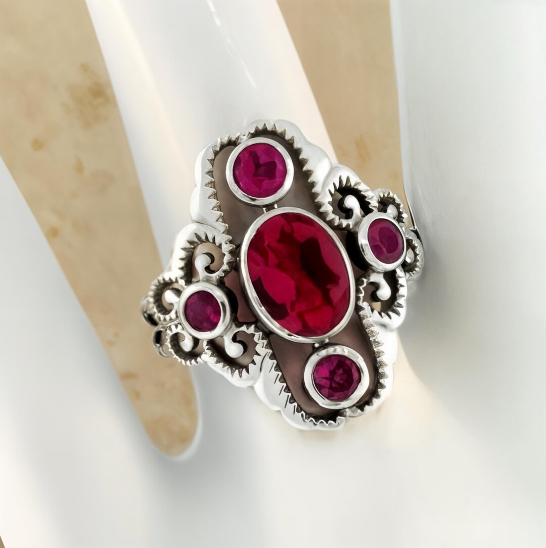 Ring Sizes 5 Through 10 Vivid Red Lab Ruby Filigree Ring in 925 Solid Sterling Silver Vintage ...