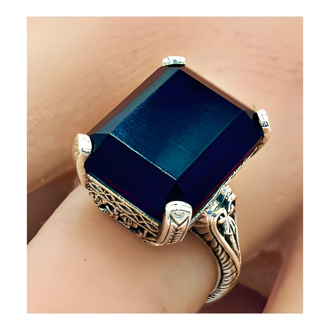 Vintage Emerald Cut Sim. Sapphire Ring in 925 Sterling Silver, Royal ...