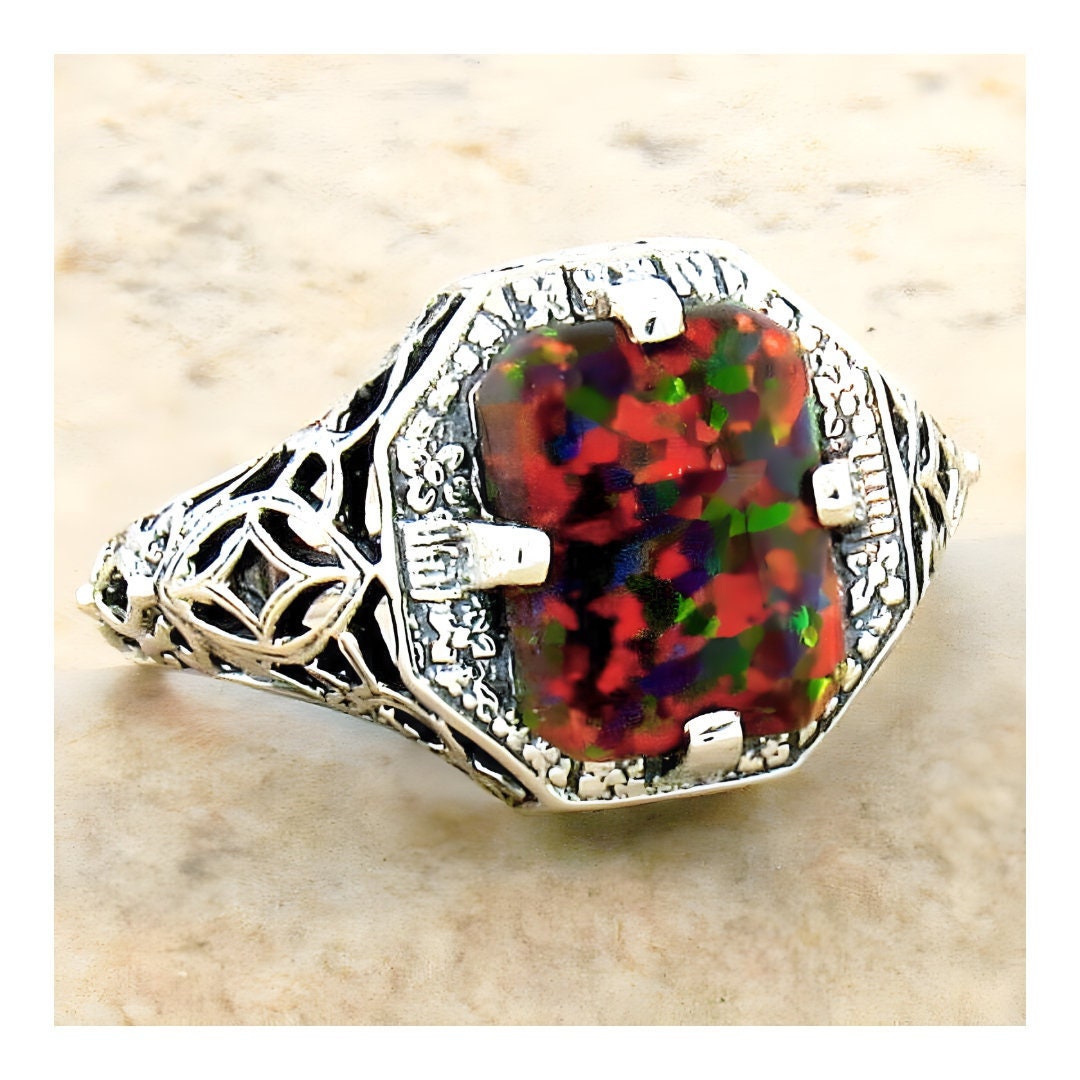 Vintage Estate Red Fire Opal Solitaire Filigree Ring in 925 Solid ...