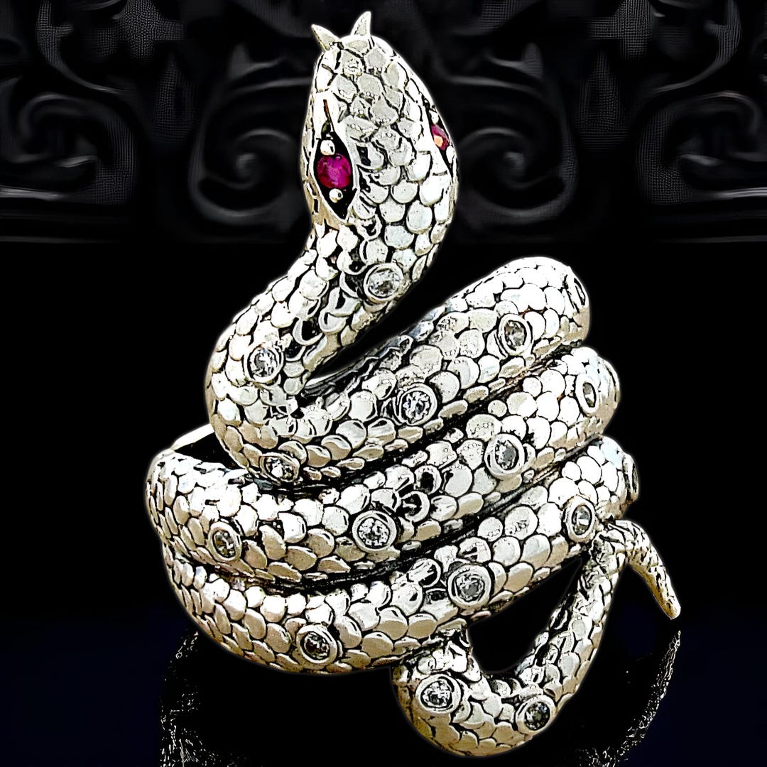 Vintage 925 Sterling Silver Snake Ring: Natural Ruby Eyes, Cubic ...