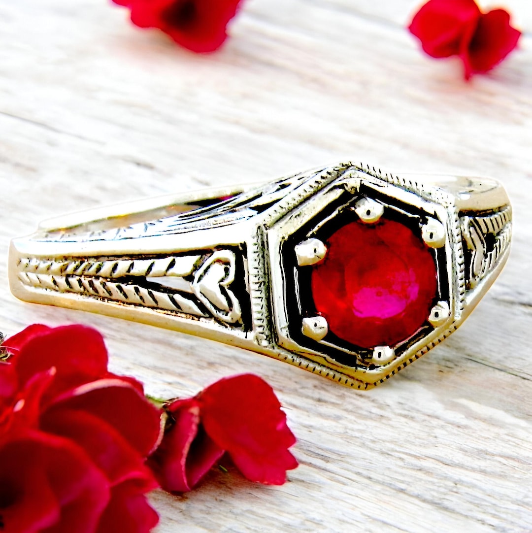 Vintage Natural Ruby Heart Filigree Ring in 925 Solid Sterling Silver ...