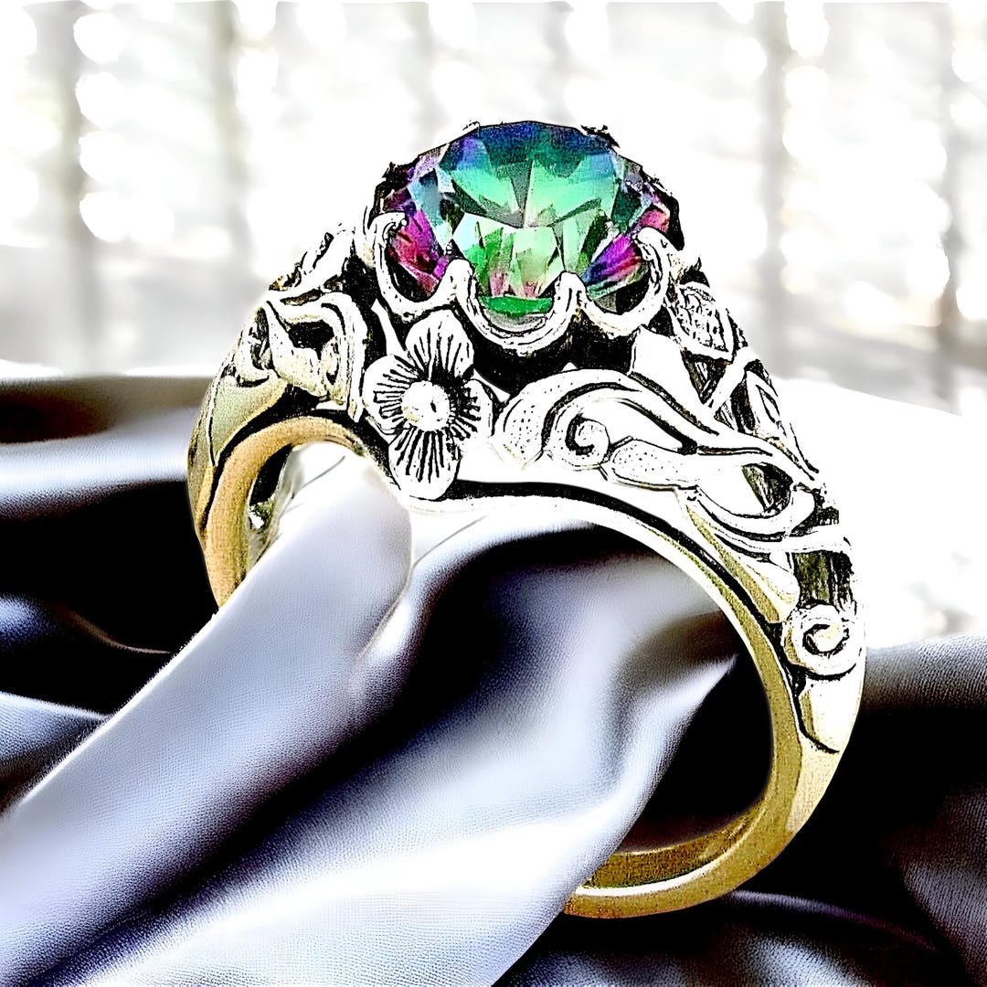 Vintage Scottish Thistle Ring: Rainbow Mystic Quartz, 925 Sterling ...