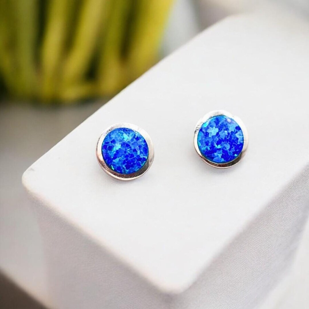 Tiny Blue Opal Button Studs, 925 Sterling Silver 6mm Earrings, Rhodium ...