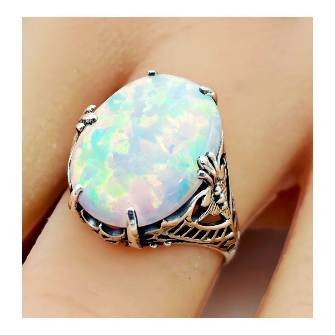 Vintage Estate Opal Solitaire Filigree Ring in 925 Solid Sterling ...