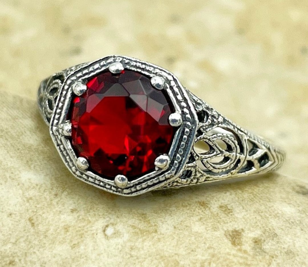 Vintage Deep Red Solitaire Sim. Ruby in 925 Solid Sterling Silver Ring ...