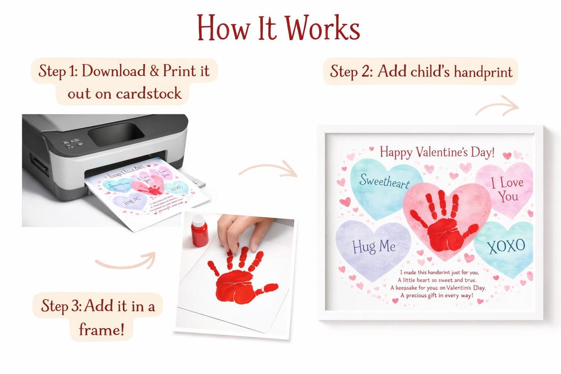 Valentine Handprint Art Printable, Kids Valentine Keepsake, Heart ...