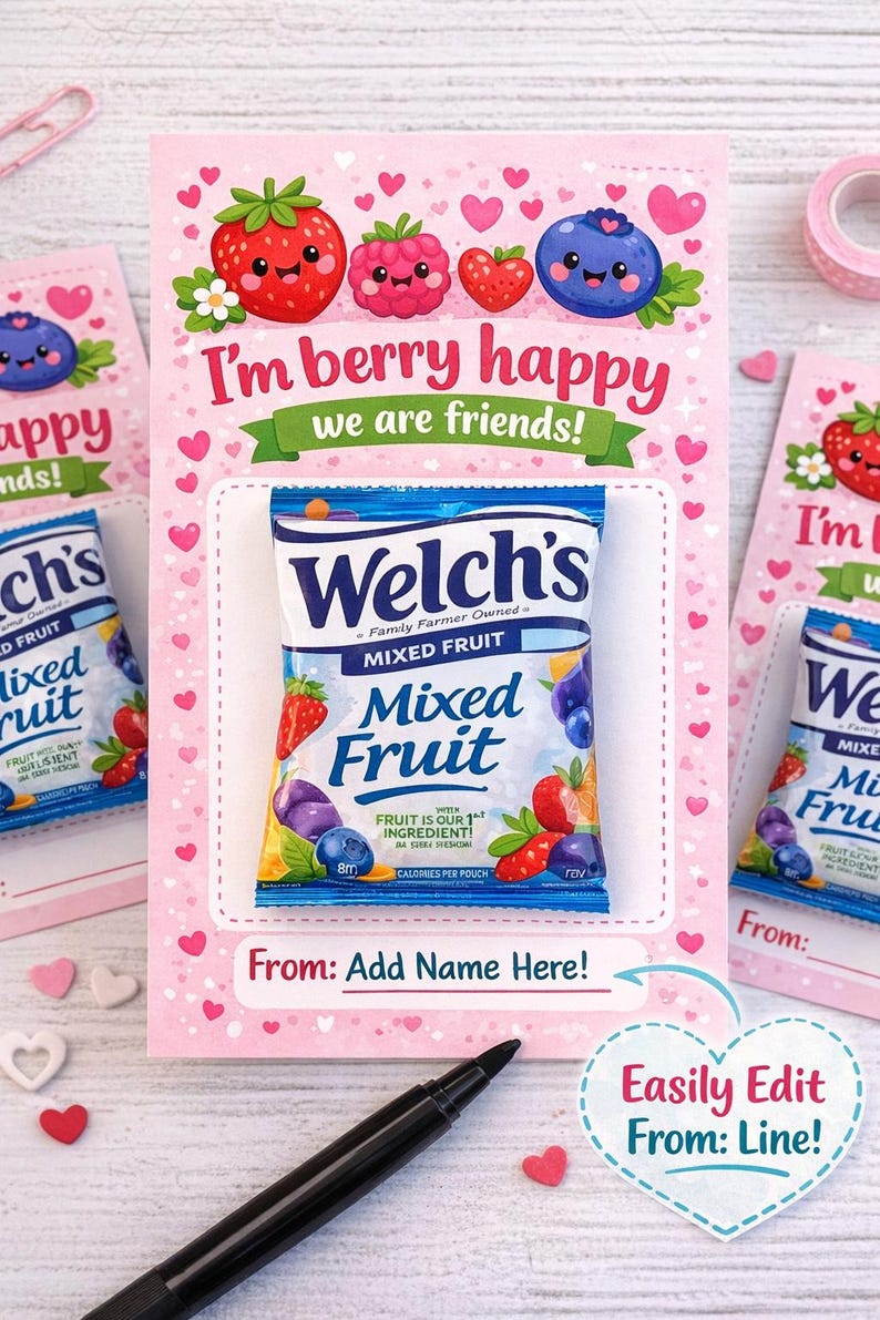 Fruit Snack Valentine Card for Kids, Berry Valentine Printable ...