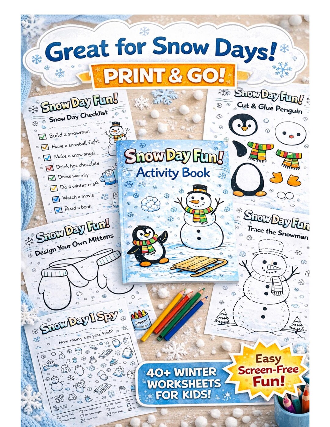 Snow Day Activity Book for Kids | 40+ Winter Worksheets | Printable PDF ...