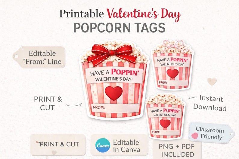 Printable Popcorn Valentine Labels | Editable Valentine Treat Tags ...