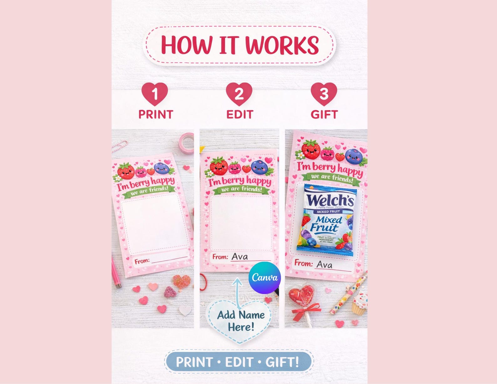 Fruit Snack Valentine Card for Kids, Berry Valentine Printable ...