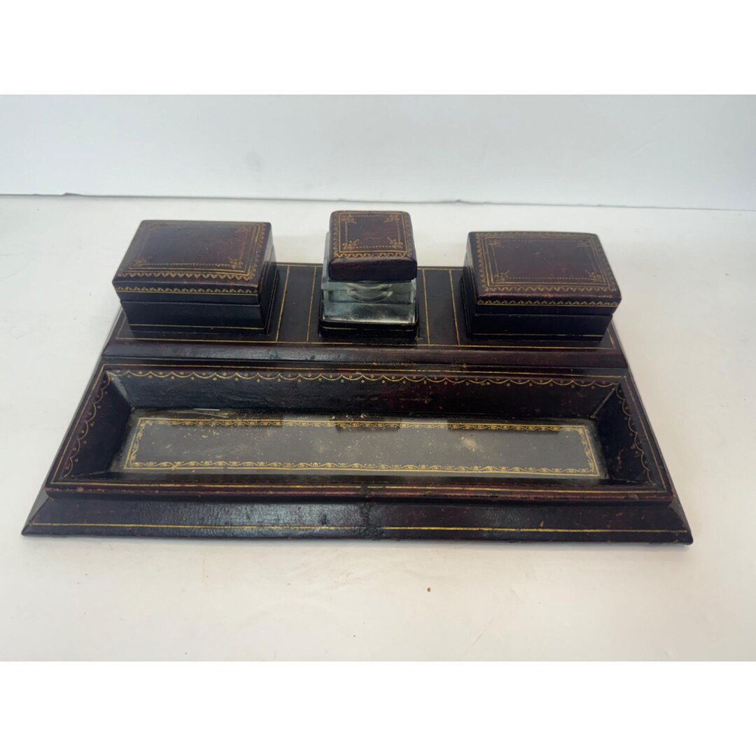 Antique Wooden Desk Inkwell Set With Glass Ink Bottle & Pen Tray - Etsy