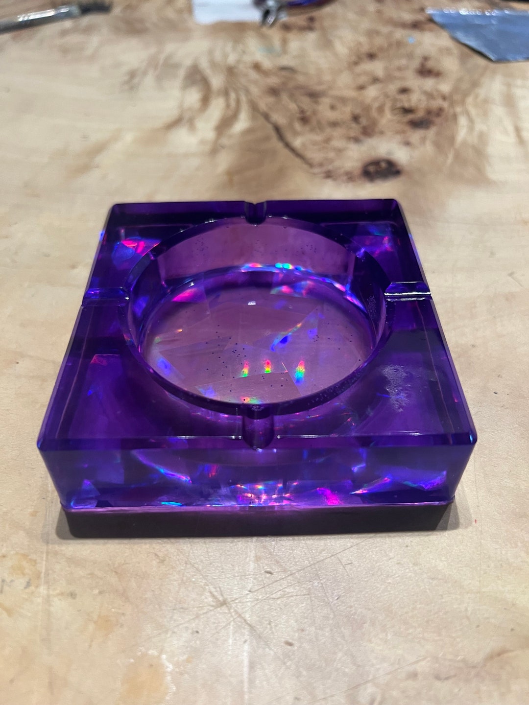 Square Translucent Holographic Resin Ashtray With Gem/broken Glass ...