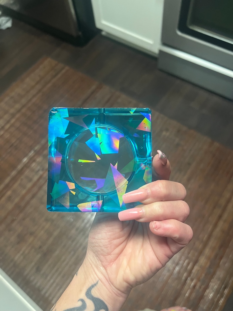 Square Translucent Holographic Resin Ashtray With Gem/broken Glass ...