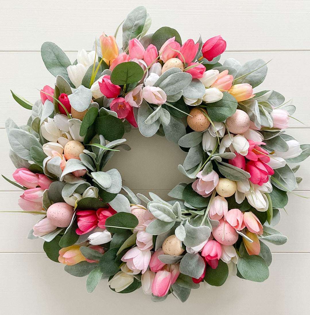 Spring Tulip Wreath for Front Door, Greenery Wreath for Door, Pink ...