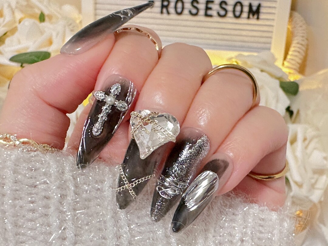 Vampire Heart Press on Nails: Black Devil Nail Set, Diamond Accent - Etsy