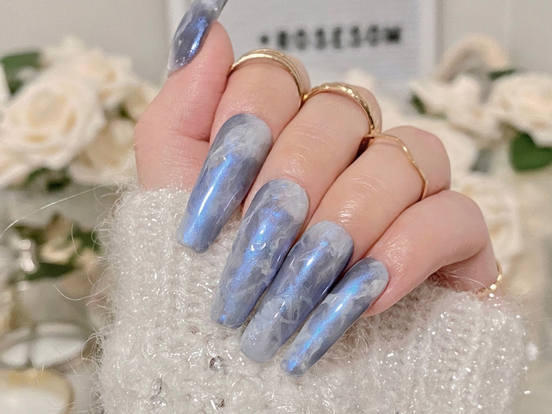 Blue Cloudy Marble Press on Nails: Long Coffin Handmade Gel Nails (10 ...