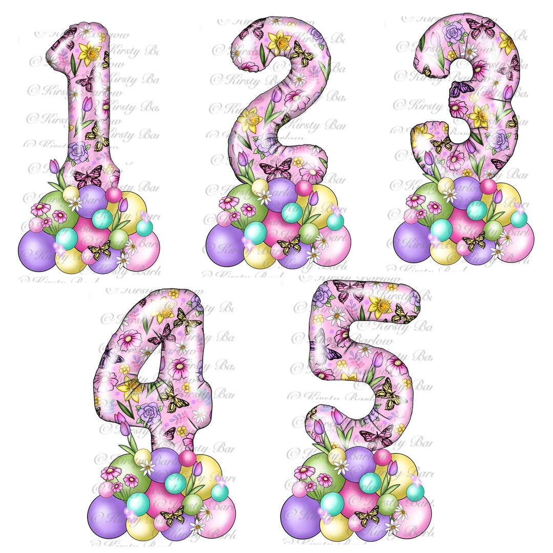 Spring Pink Floral Number Birthday Balloons Clipart Pack Sublimation ...