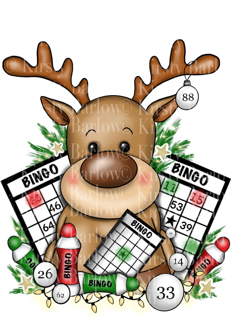 Bingo Christmas Reindeer Clipart Png Sublimation Design Hand Drawn ...
