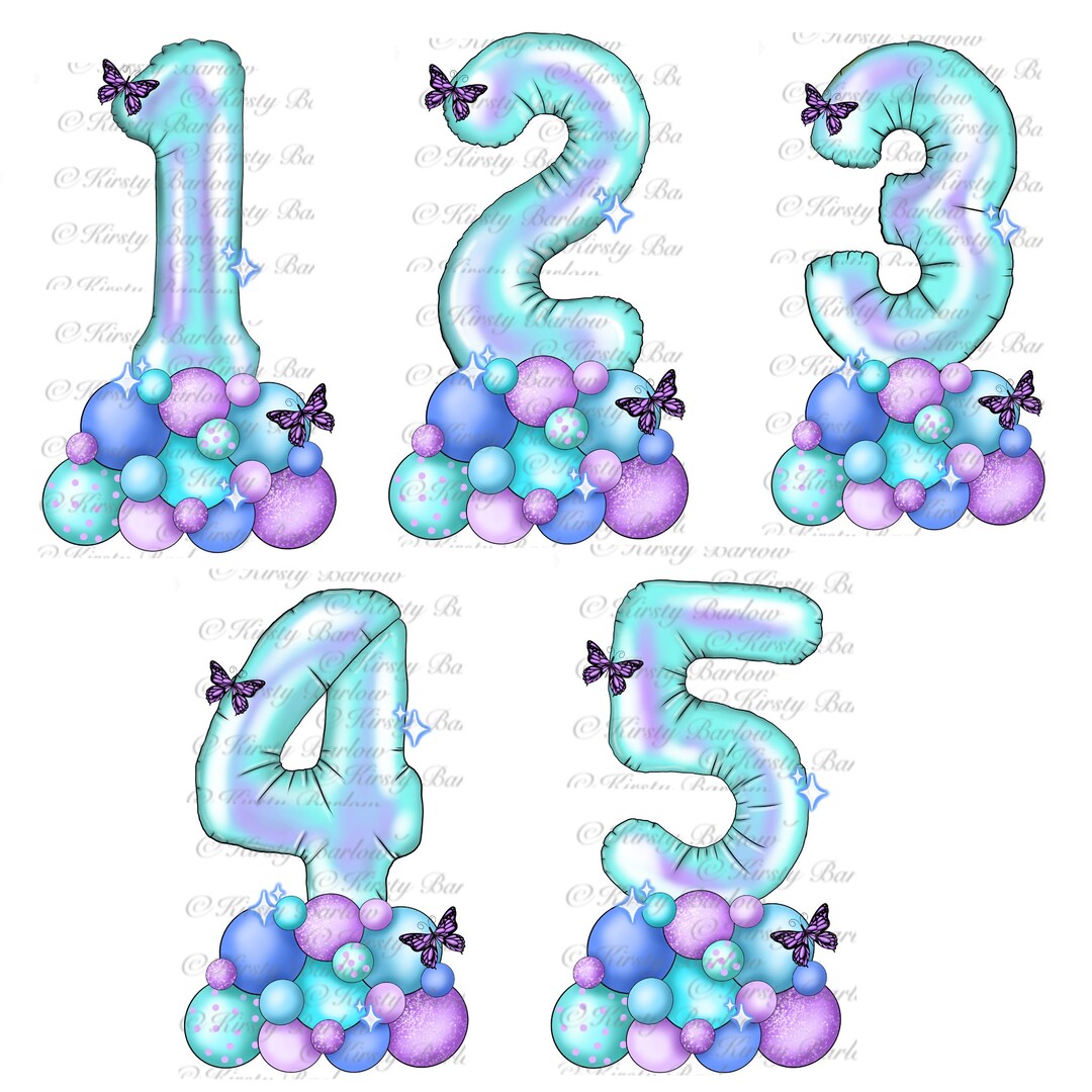 Turquoise Purple Butterfly Number Birthday Balloons Clipart Pack ...