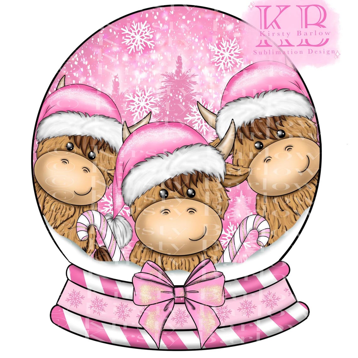 Pink Highland Cow Snow Globe PNG | Trio of Cows in Pink Santa Hats ...