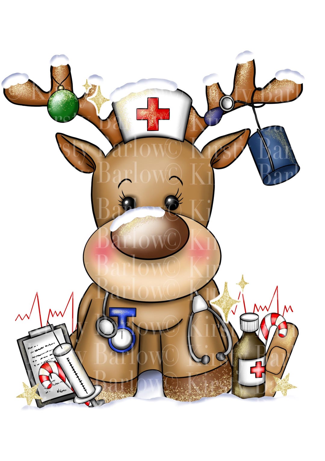 Cute Christmas Nurse Reindeer Clipart Png Sublimation Design Hand Drawn ...