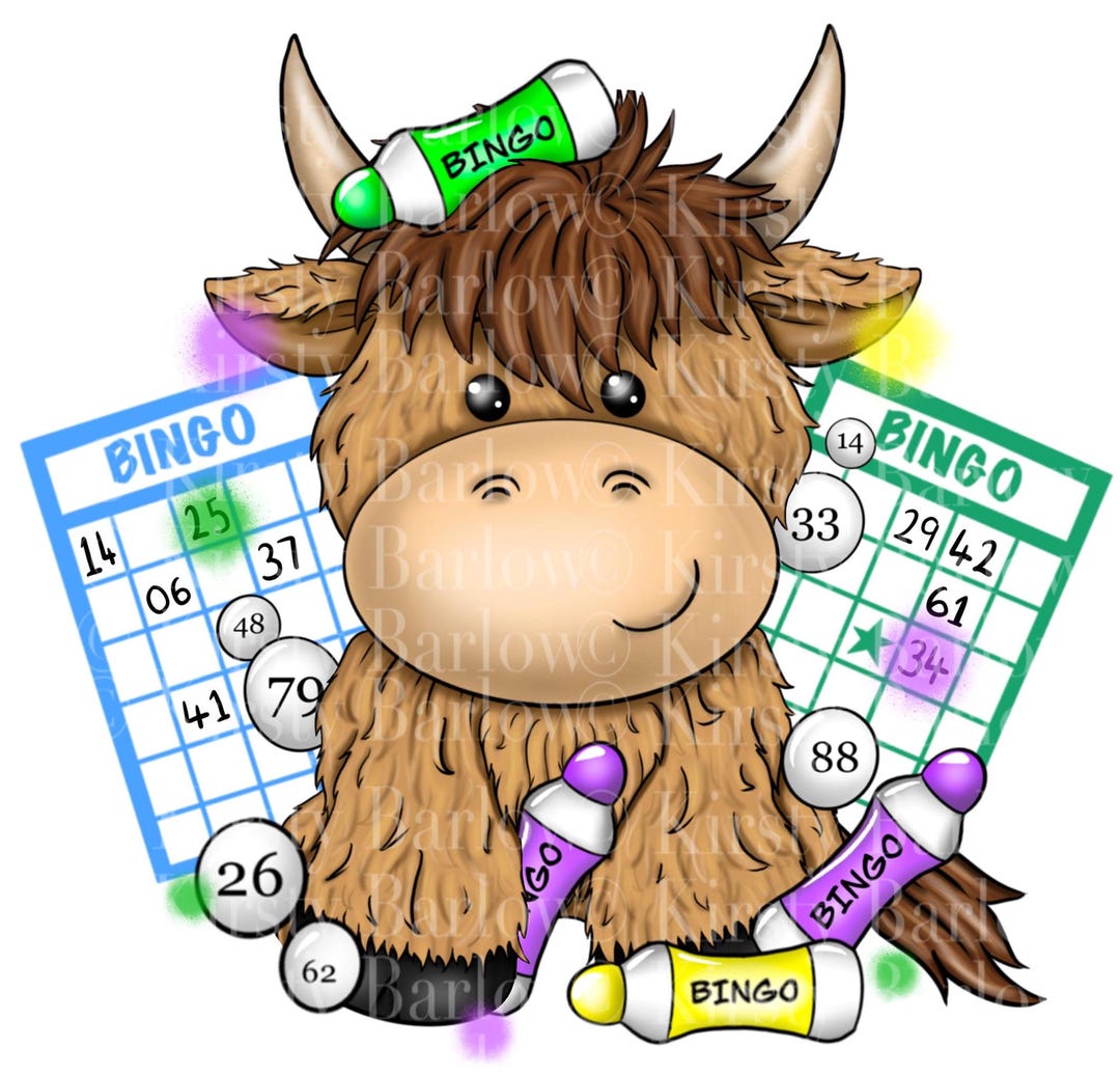 Bingo Highland Cow Clipart Sublimation Design PNG Instant Download Hand ...