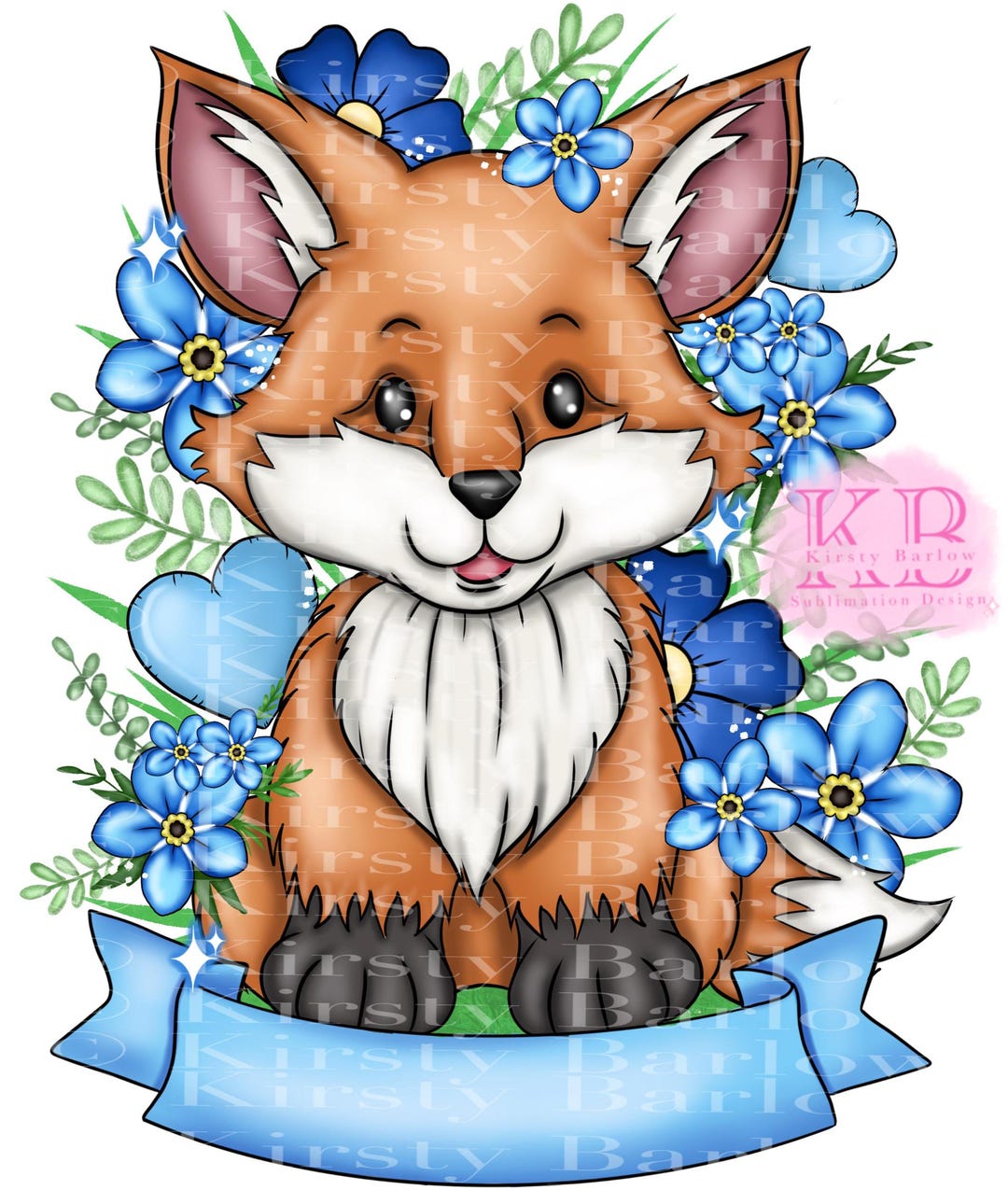 Cute Fox Cub Forget Me Not Floral Flowers Png Clipart Sublimation ...