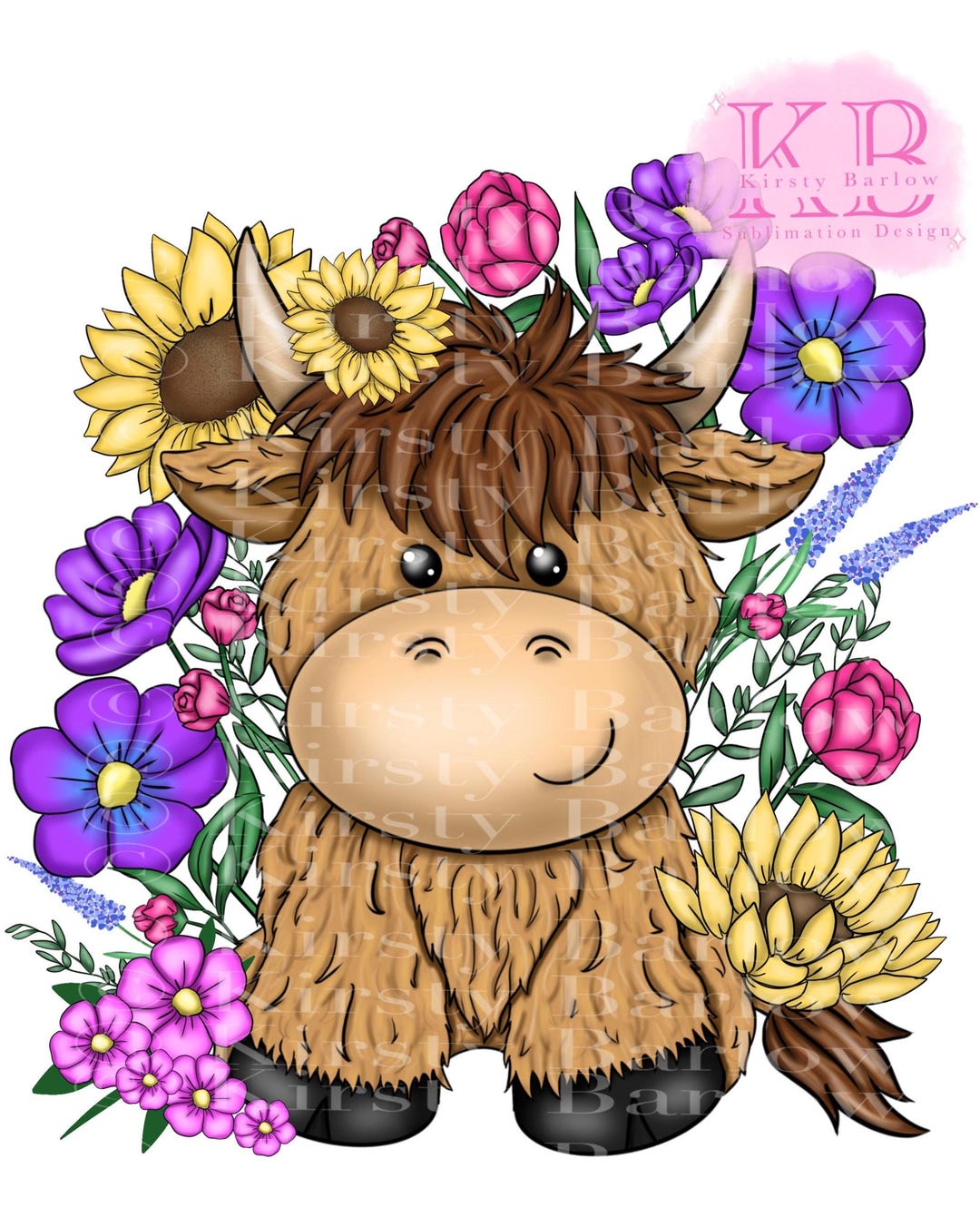 Wildflower Spring Summer Highland Cow Png Clipart Sublimation Design ...