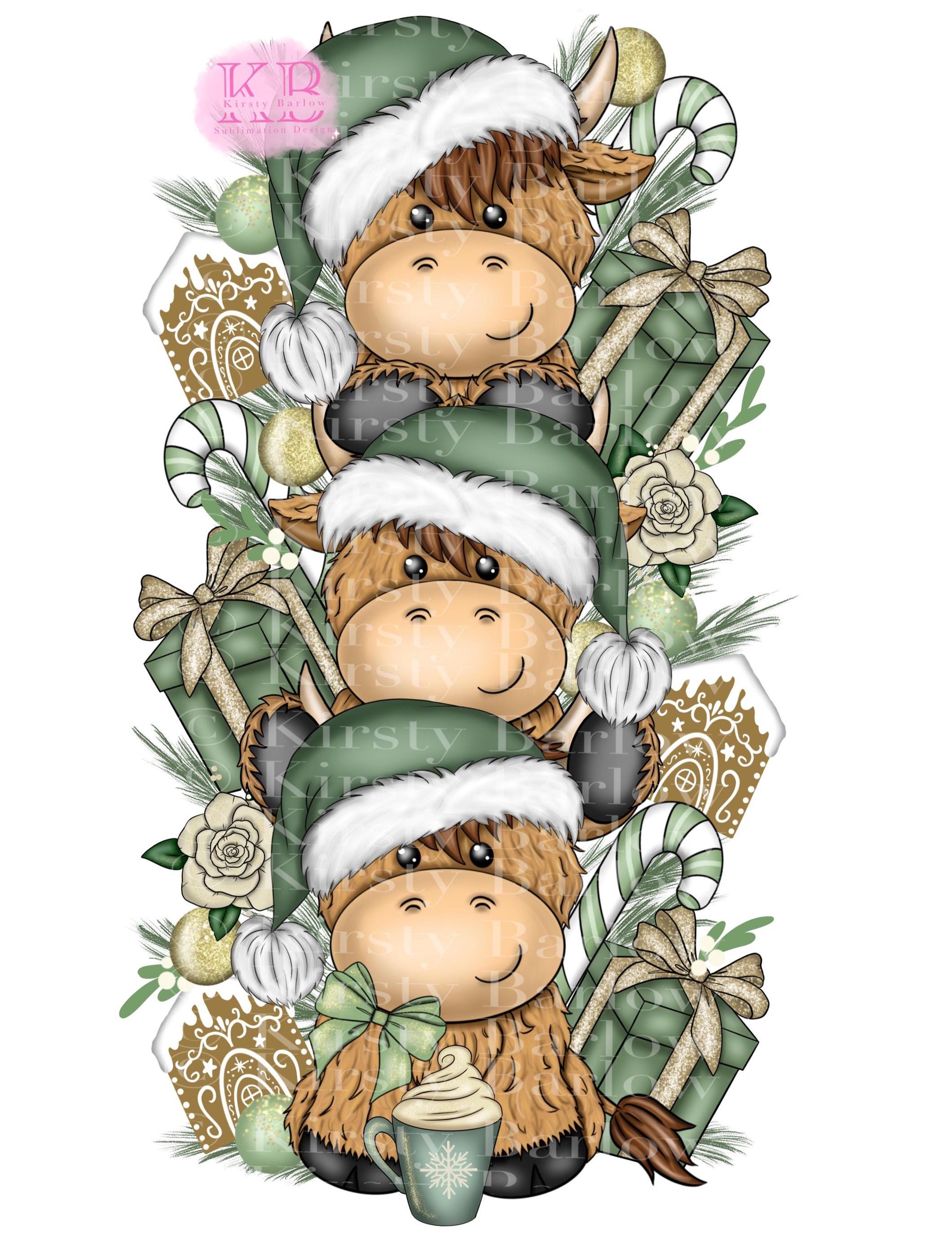Sage Green Christmas Highland Cow PNG | Stack of 3 Cows in Santa Hats ...