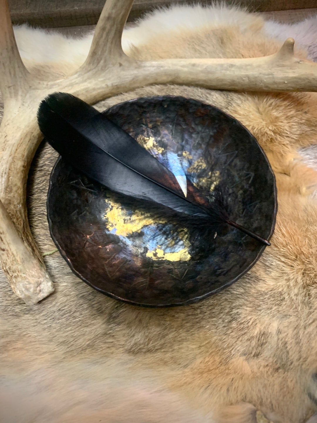 PREMIUM Hand Forged Altar Bowl W/splash of Brass and Hand Carved Runic ...