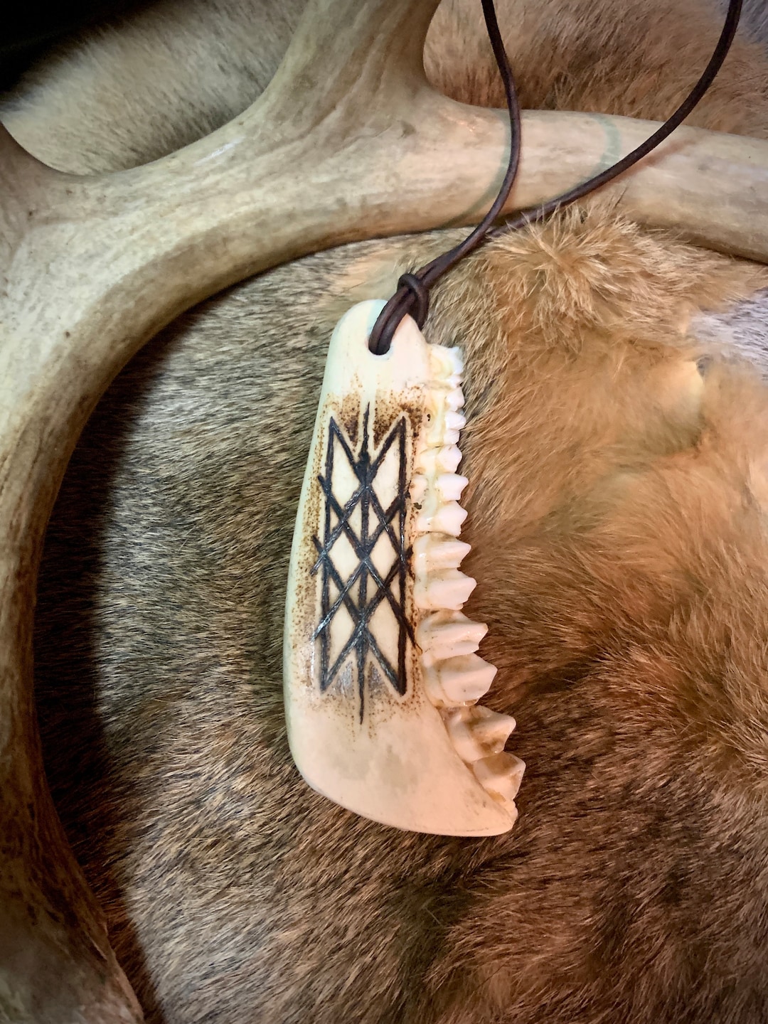 Web of Wyrd Deer Jawbone Pendant. Handmade. See VIDEO - Etsy