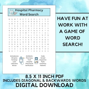 Hospital Pharmacy Word Search Printable*pharmacist, Pharmacy Tech, Gift ...