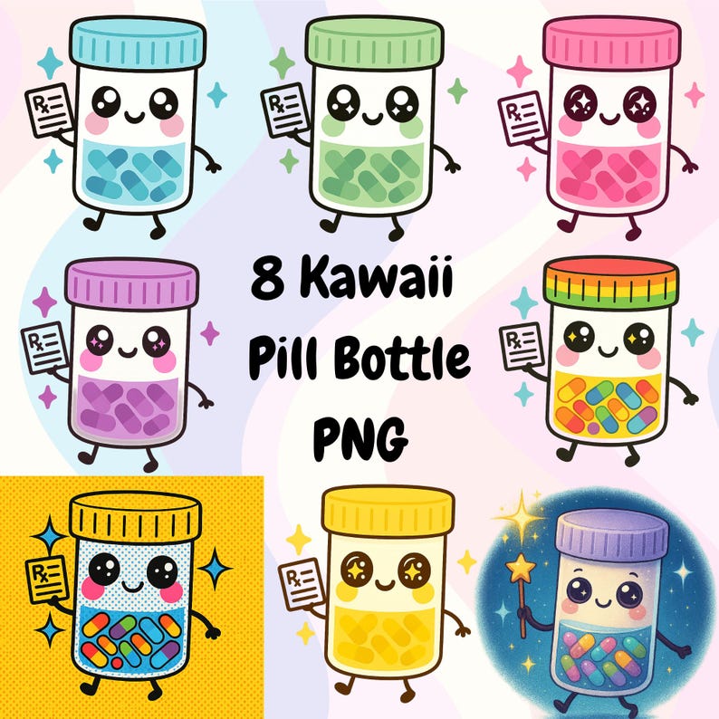 8 Kawaii Pill Bottle PNG Clipart: Pharmacy Rx Art (digital Download) - Etsy