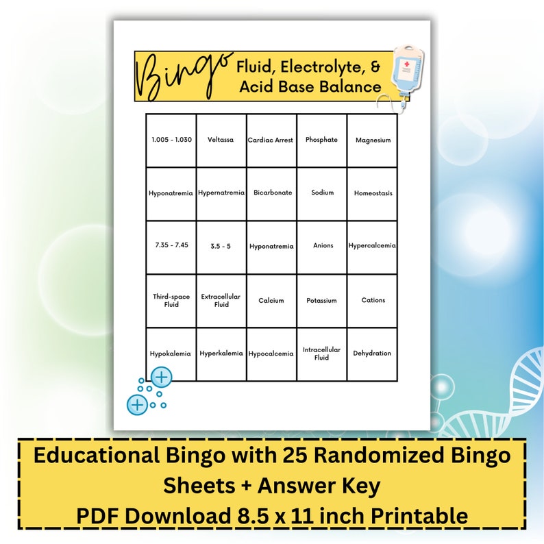 Fluid, Electrolyte, & Acid Base Balance Bingo Game! 25 Randomized Cards ...