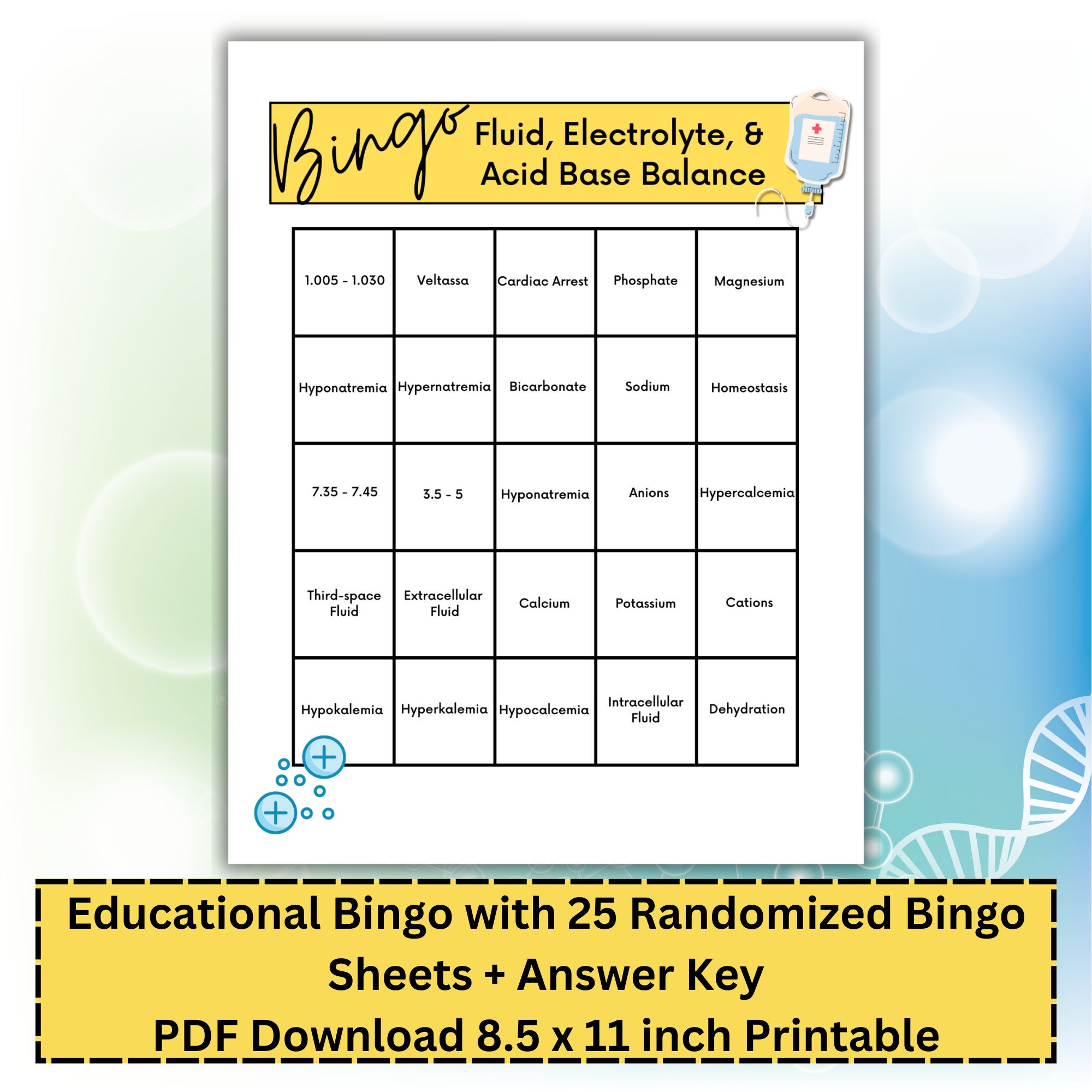 Fluid, Electrolyte, & Acid Base Balance Bingo Game! 25 Randomized Cards ...