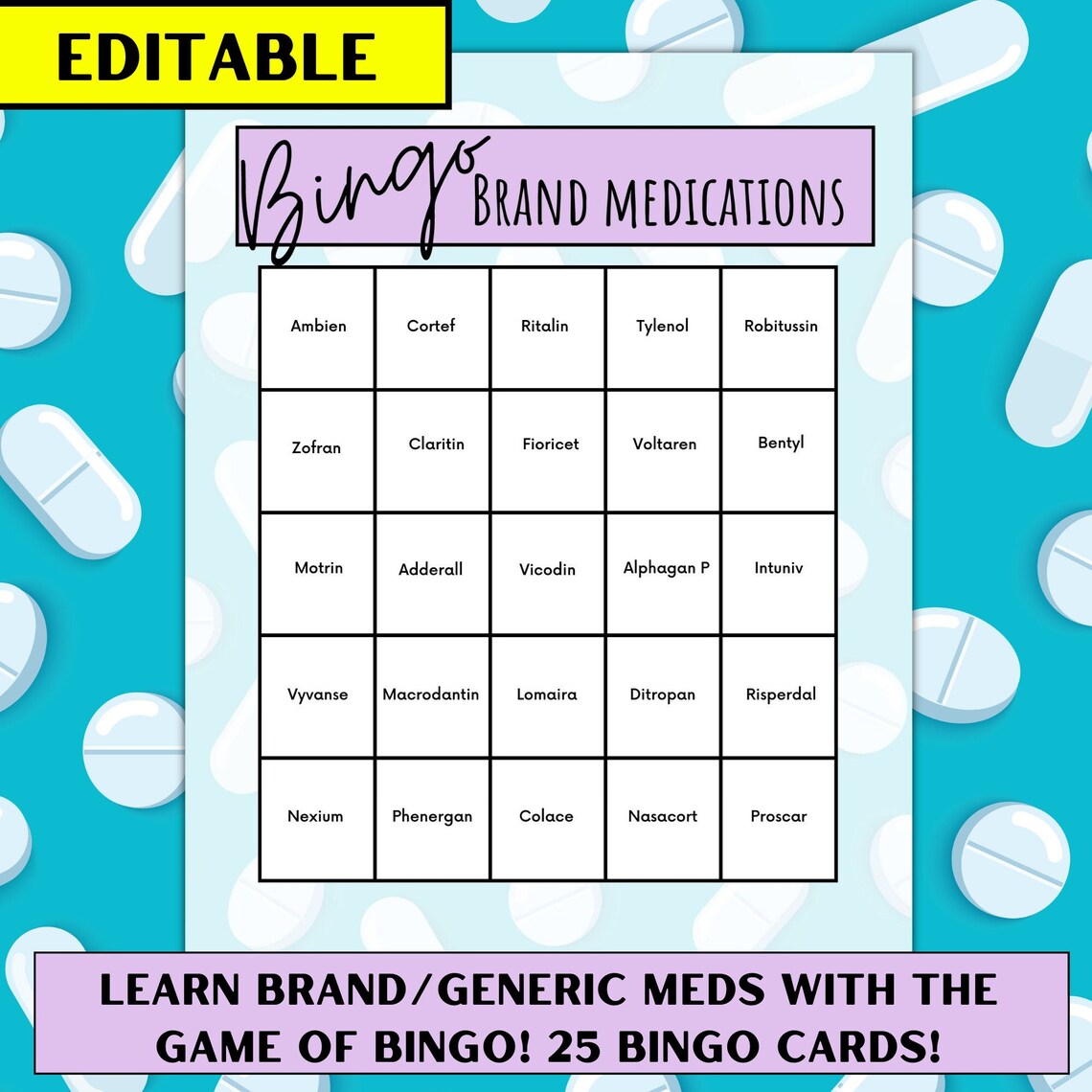 EDITABLE Brand Name Medication Bingo*digital Download of 25 Cards ...