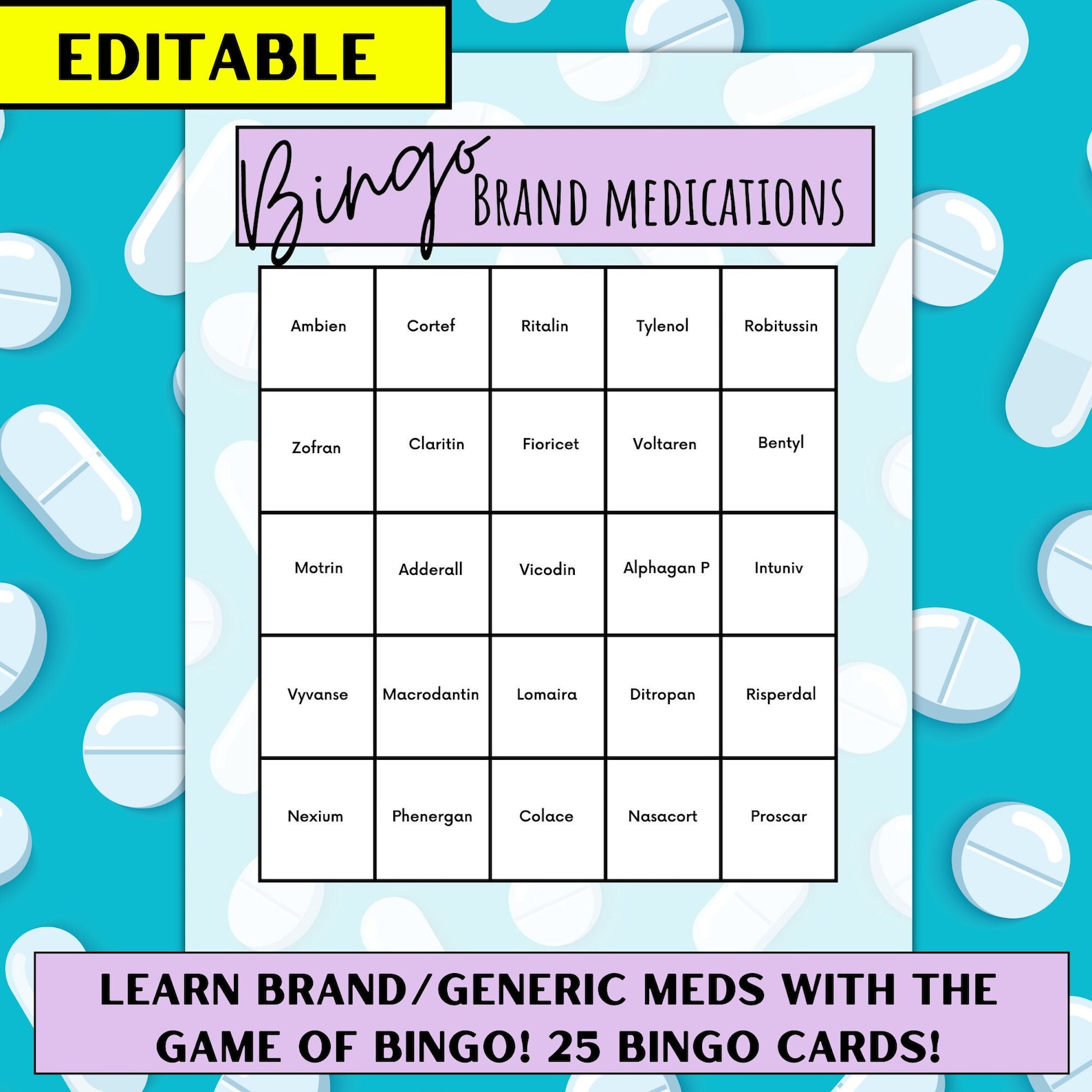 EDITABLE Brand Name Medication Bingo*digital Download of 25 Cards ...